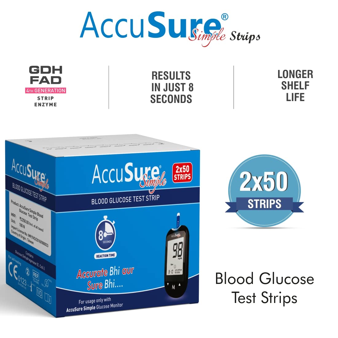 AccuSure Simple Blood Glucose Test 100 Strips, 2 X 50 Test Strip