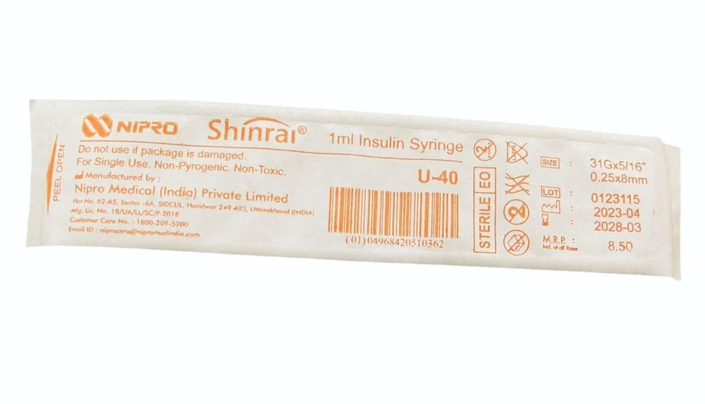 Nipro Shinrai Syringe Insulin 1ml 31G 5/16 (U-40) - 100 syringe box